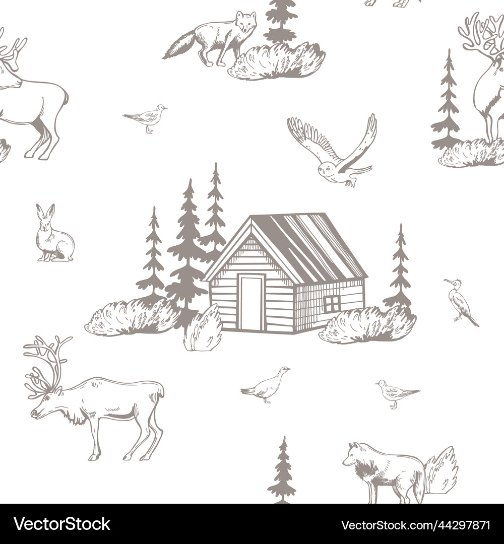 Pattern with northern hut and animals Royalty Free Vector