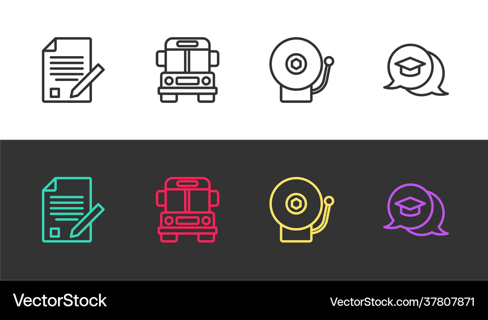 Set line exam sheet and pencil school bus Vector Image