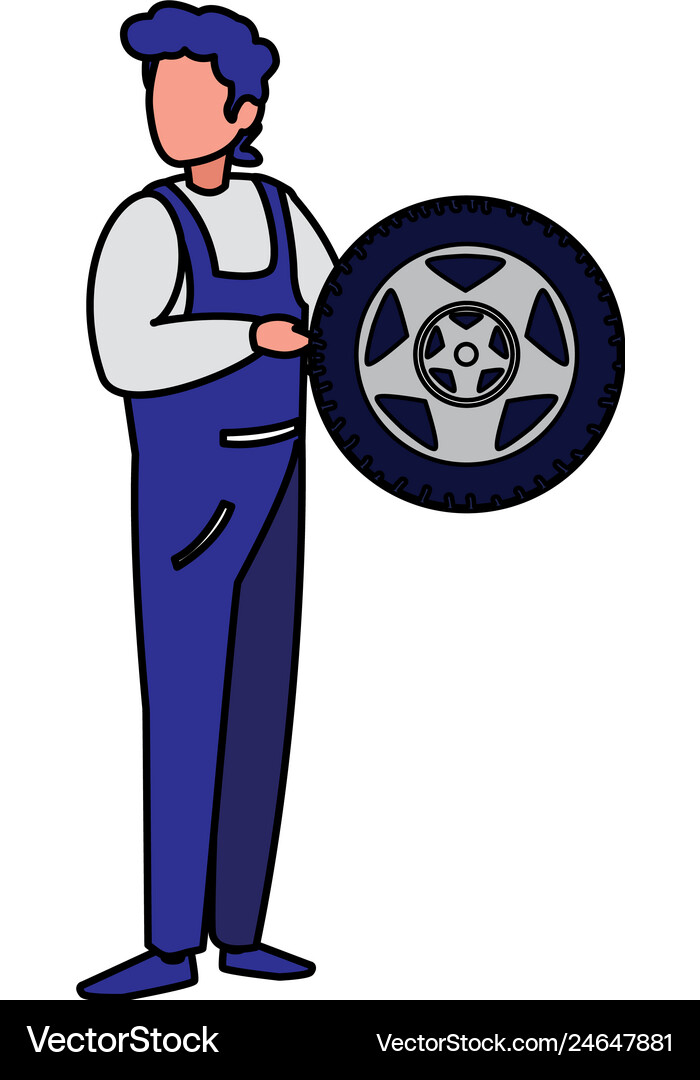 Mechanic worker with tire car Royalty Free Vector Image