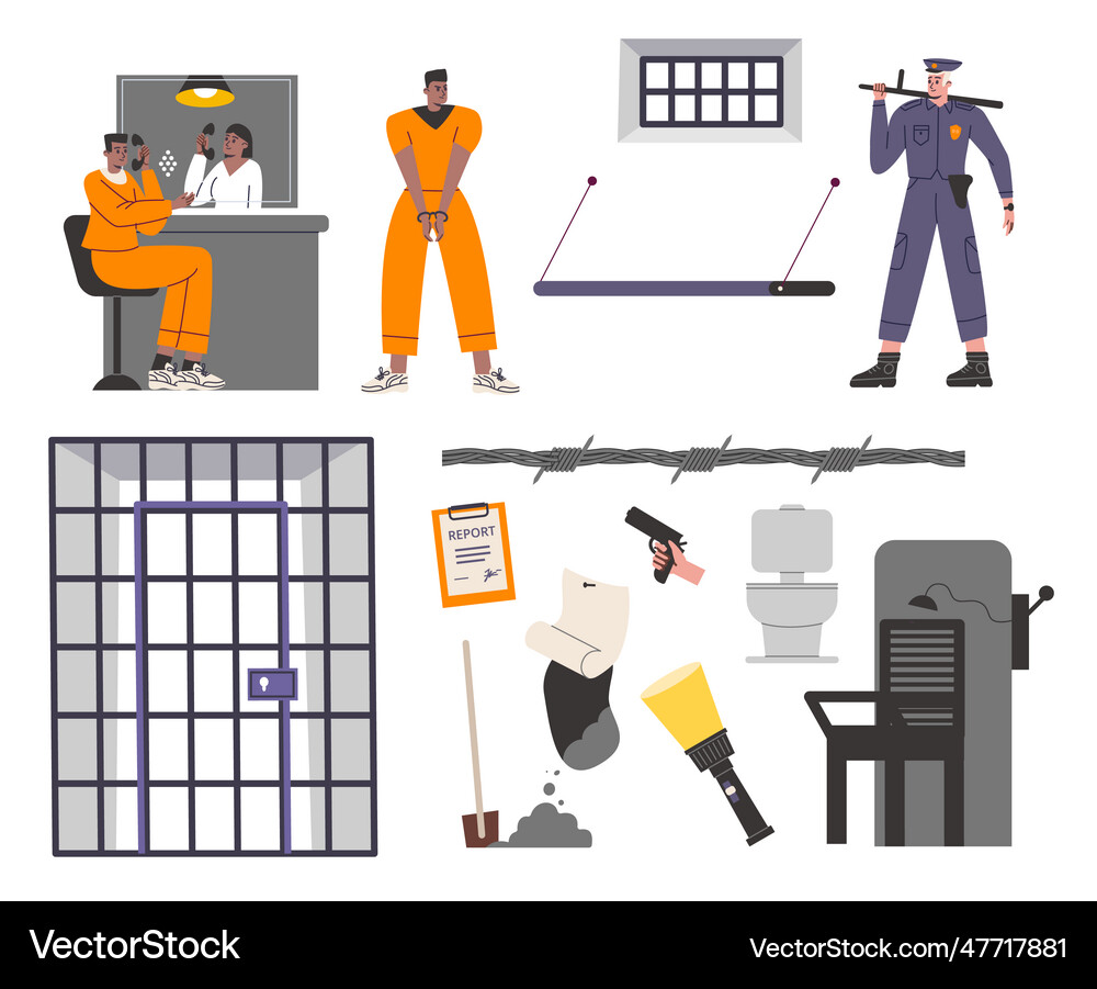 Prison elements cartoon prisoners in overalls Vector Image