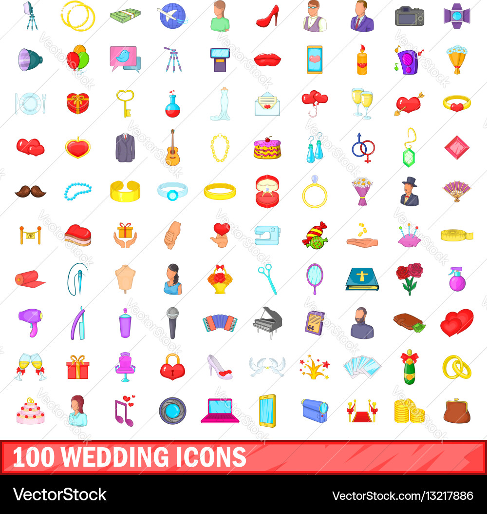100 wedding icons set cartoon style Royalty Free Vector