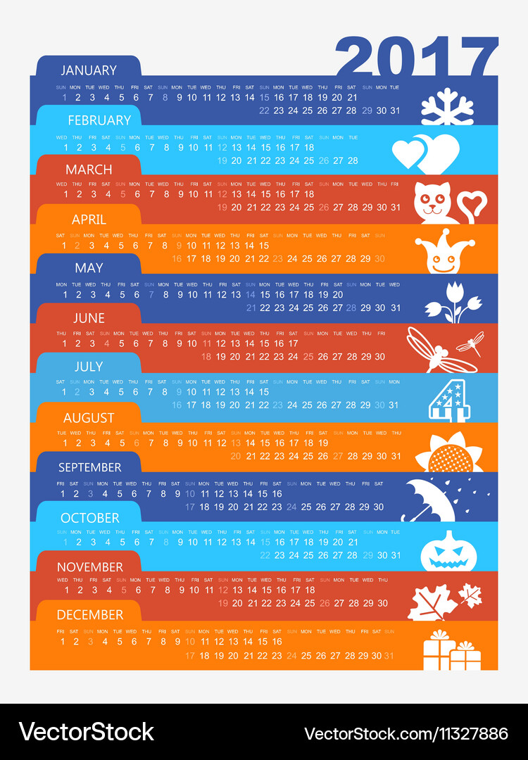 Calendar 2017 year week starts sunday Royalty Free Vector