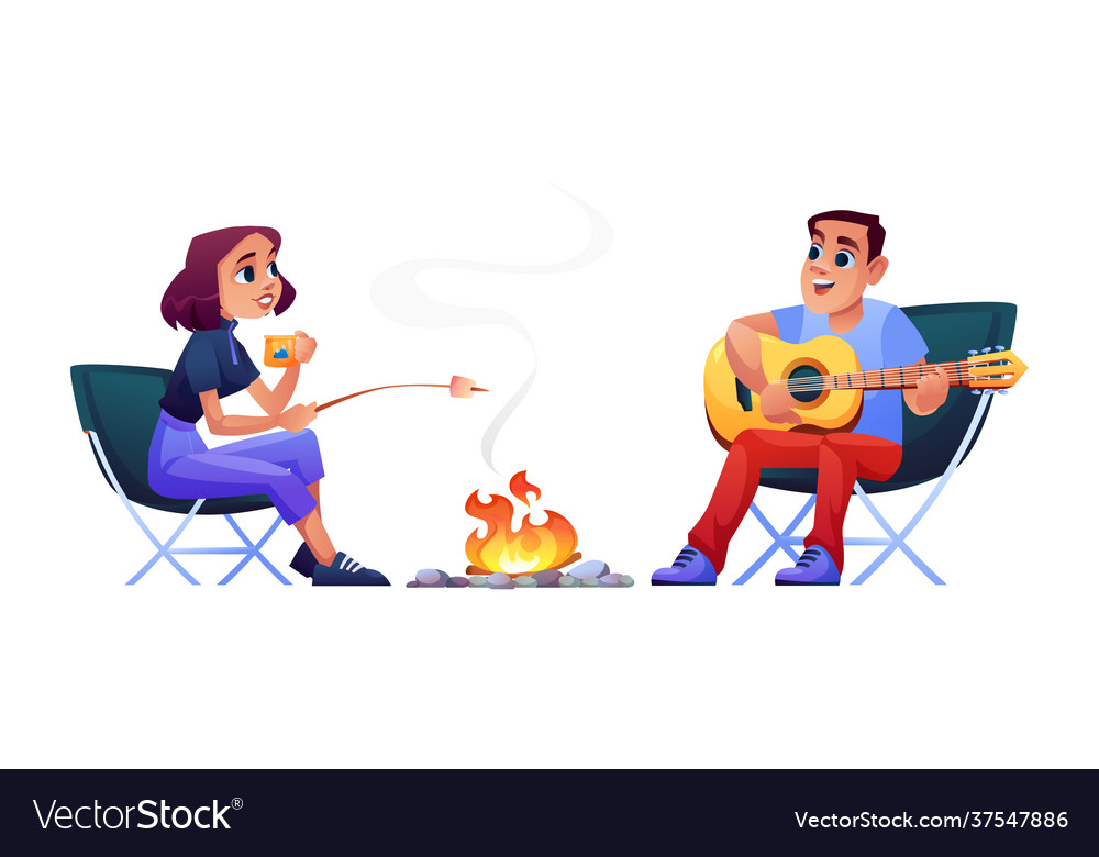 Couple campers resting at campfire together Vector Image
