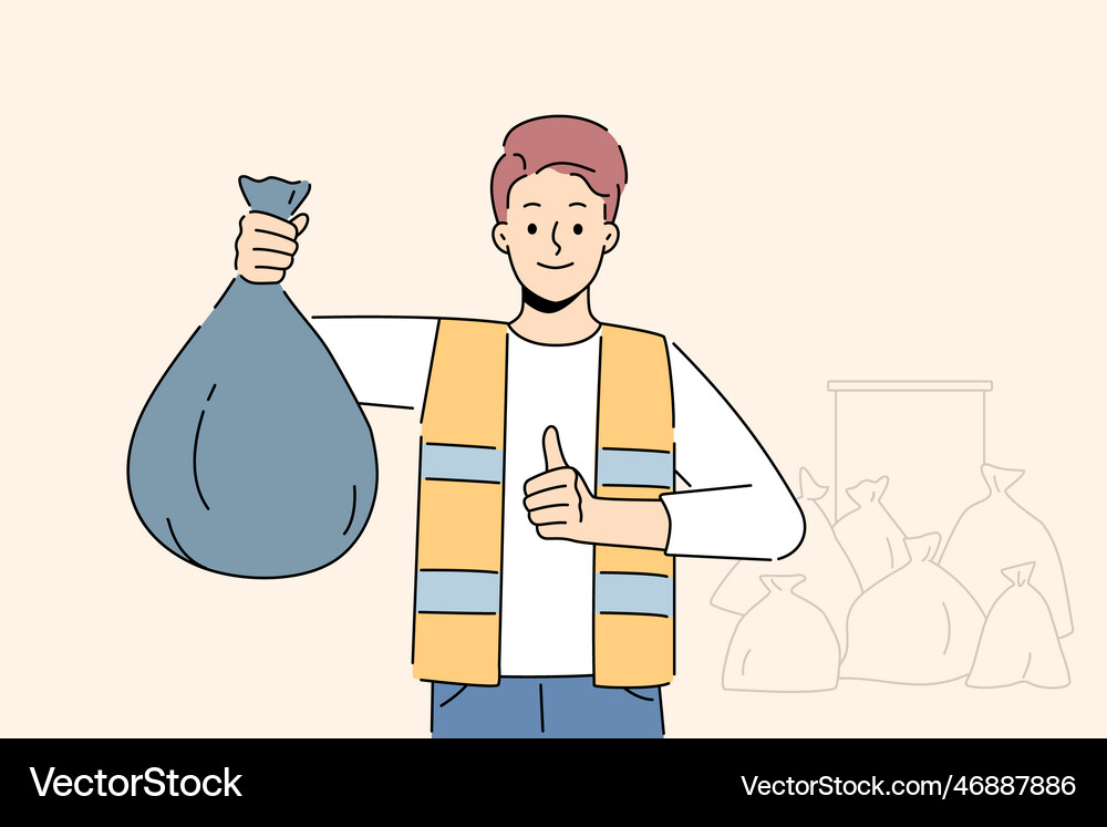 Man collector with plastic bag with waste Vector Image