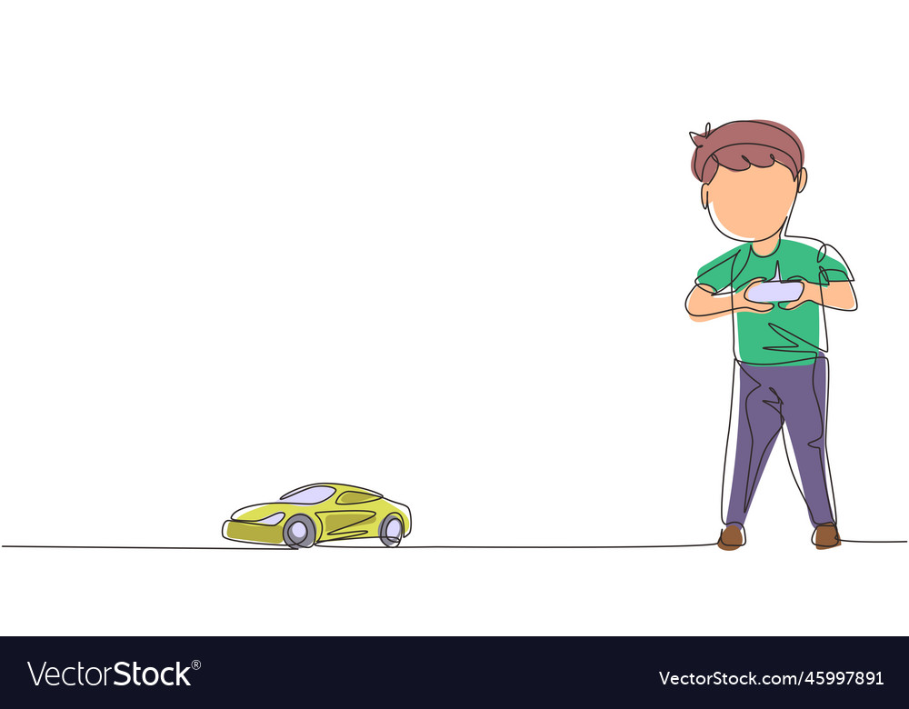 Single continuous line drawing little boy playing Vector Image