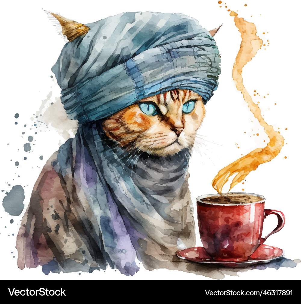 Turkish cat with coffee cup muslim cat Royalty Free Vector