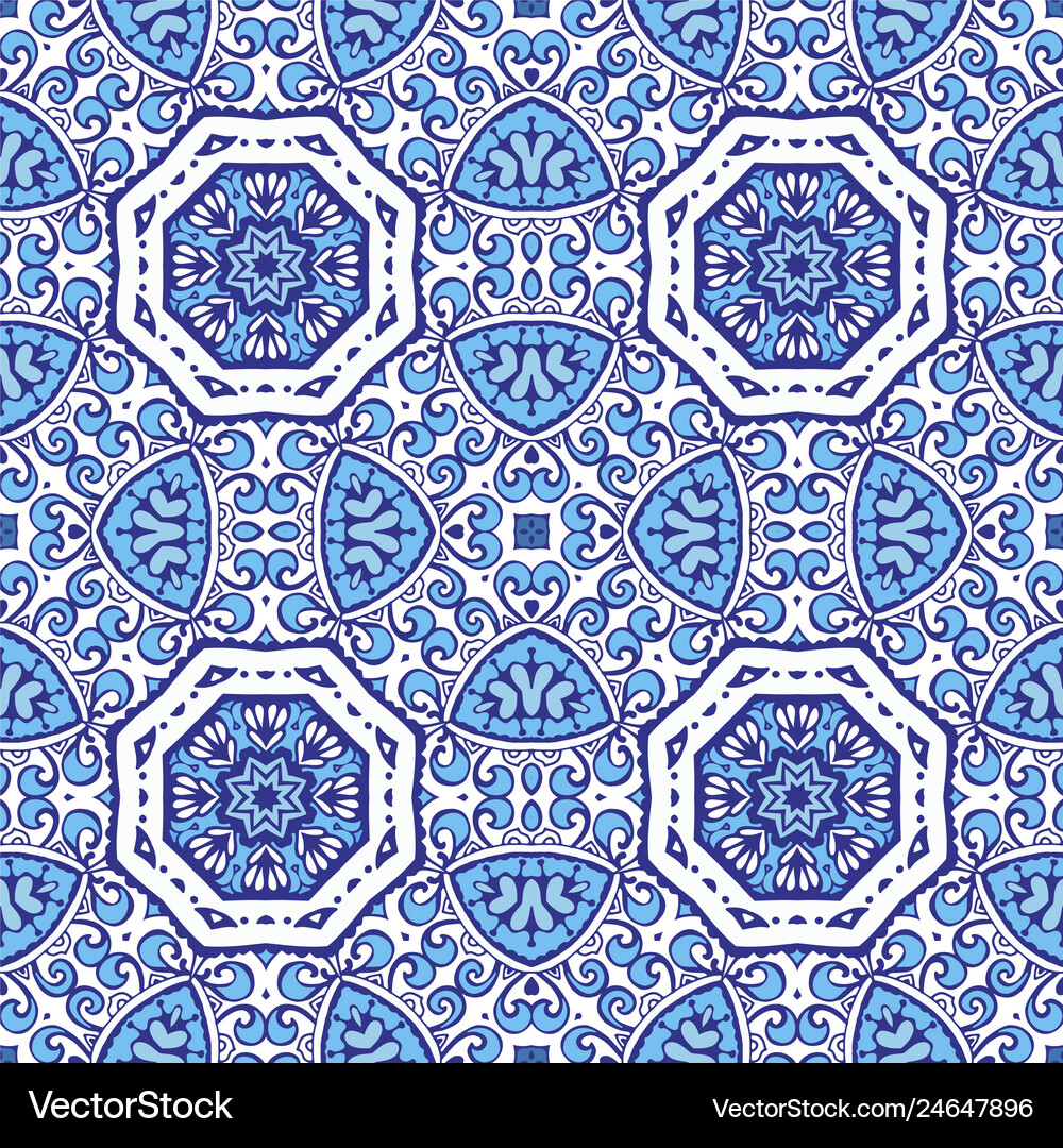 Damask floral blue seamless tiles design Vector Image