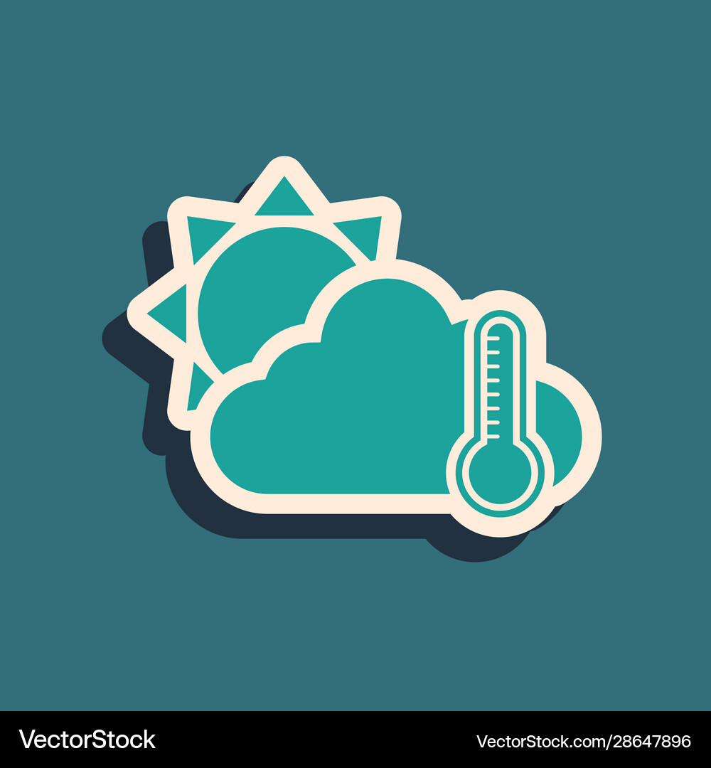 Green thermometer and cloud with sun icon isolated