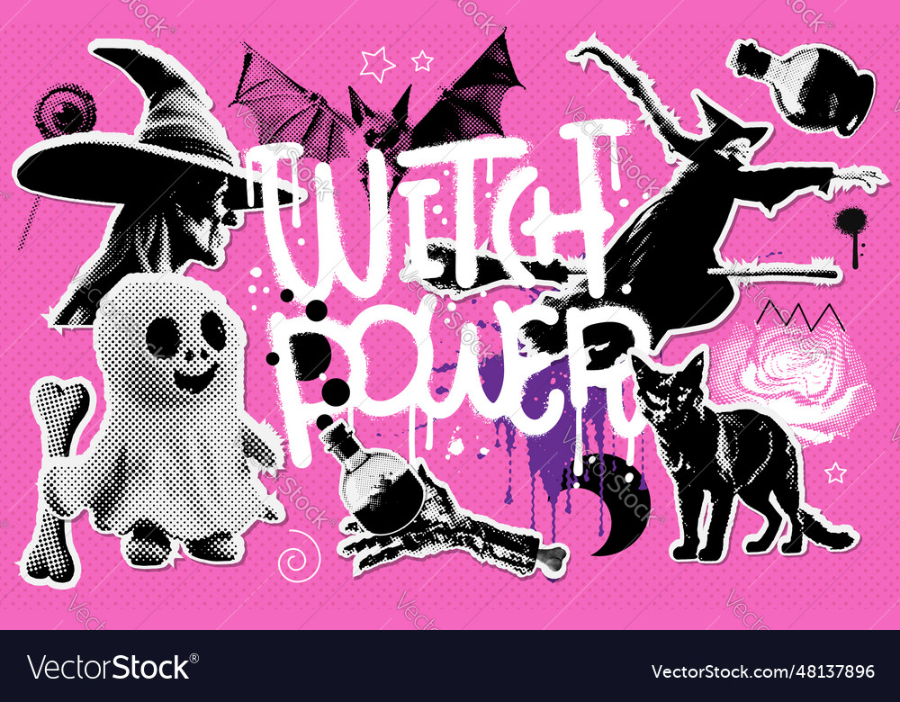 Witch power halloween halftone collage poster set Vector Image