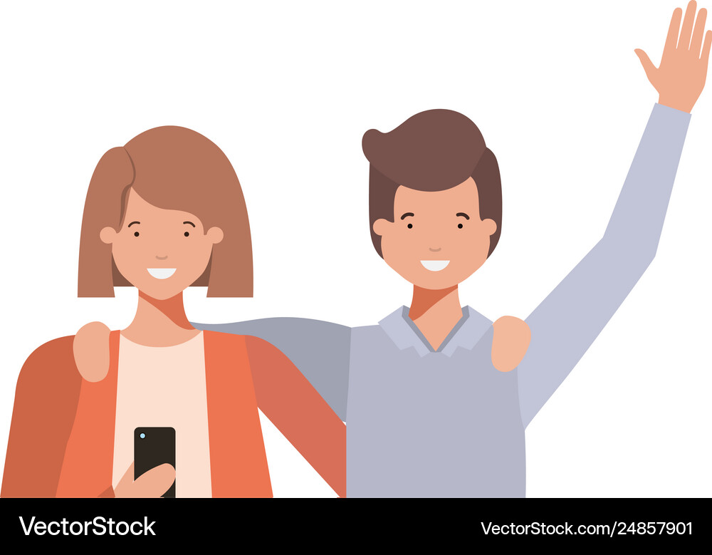 Couple with hands up and smartphone avatar Vector Image