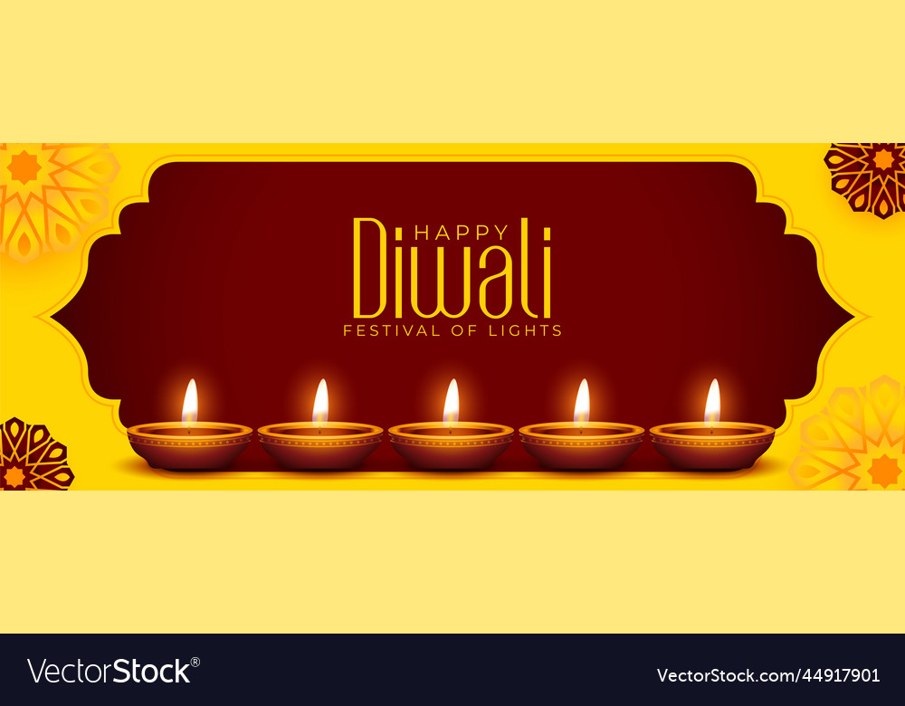 Happy Diwali Banner With Diya And Floral Vector Image
