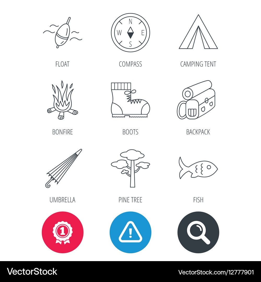 Pine tree fishing float and hiking boots icons Vector Image