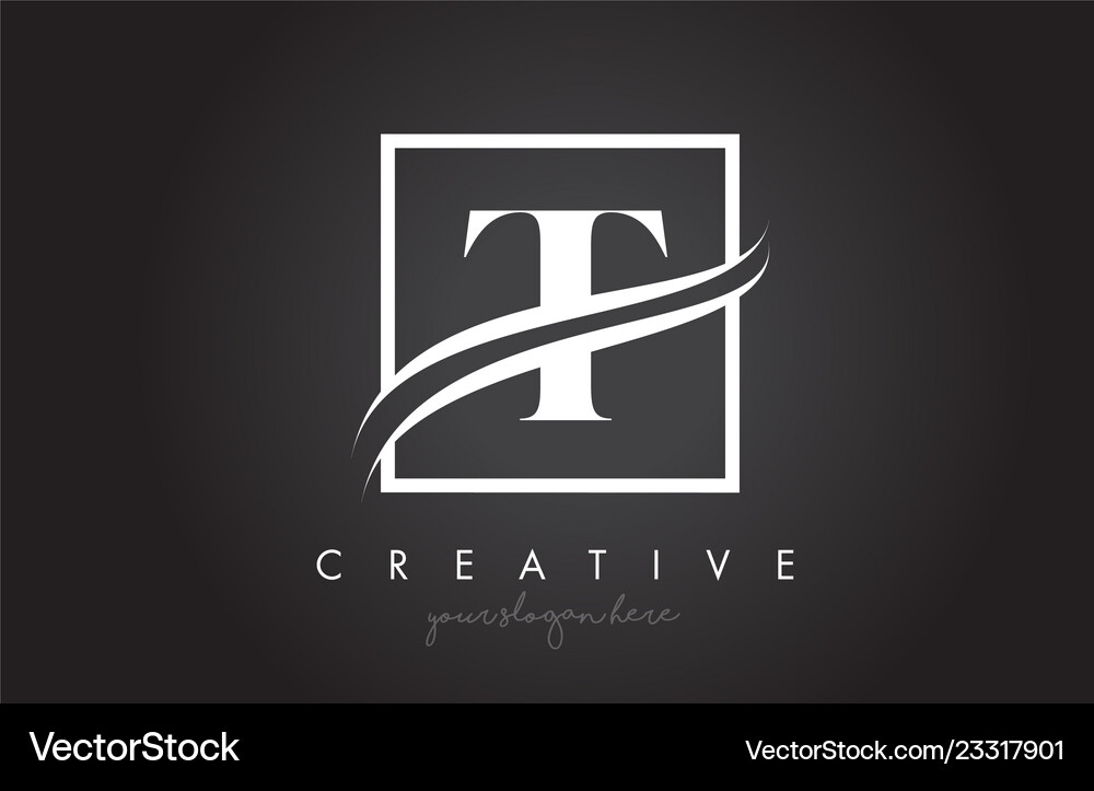 T letter logo design with square swoosh border Vector Image