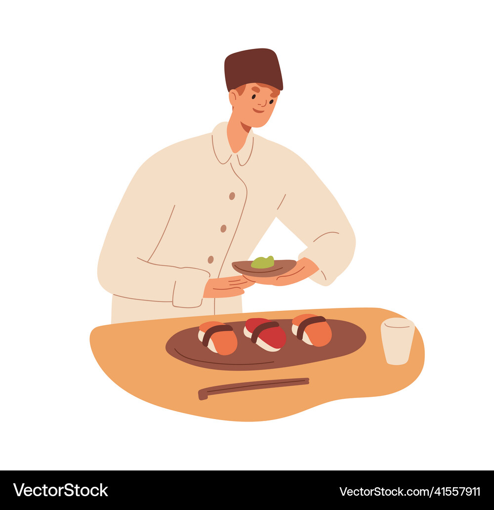 Sushi chef cooking asian restaurant dish culinary Vector Image