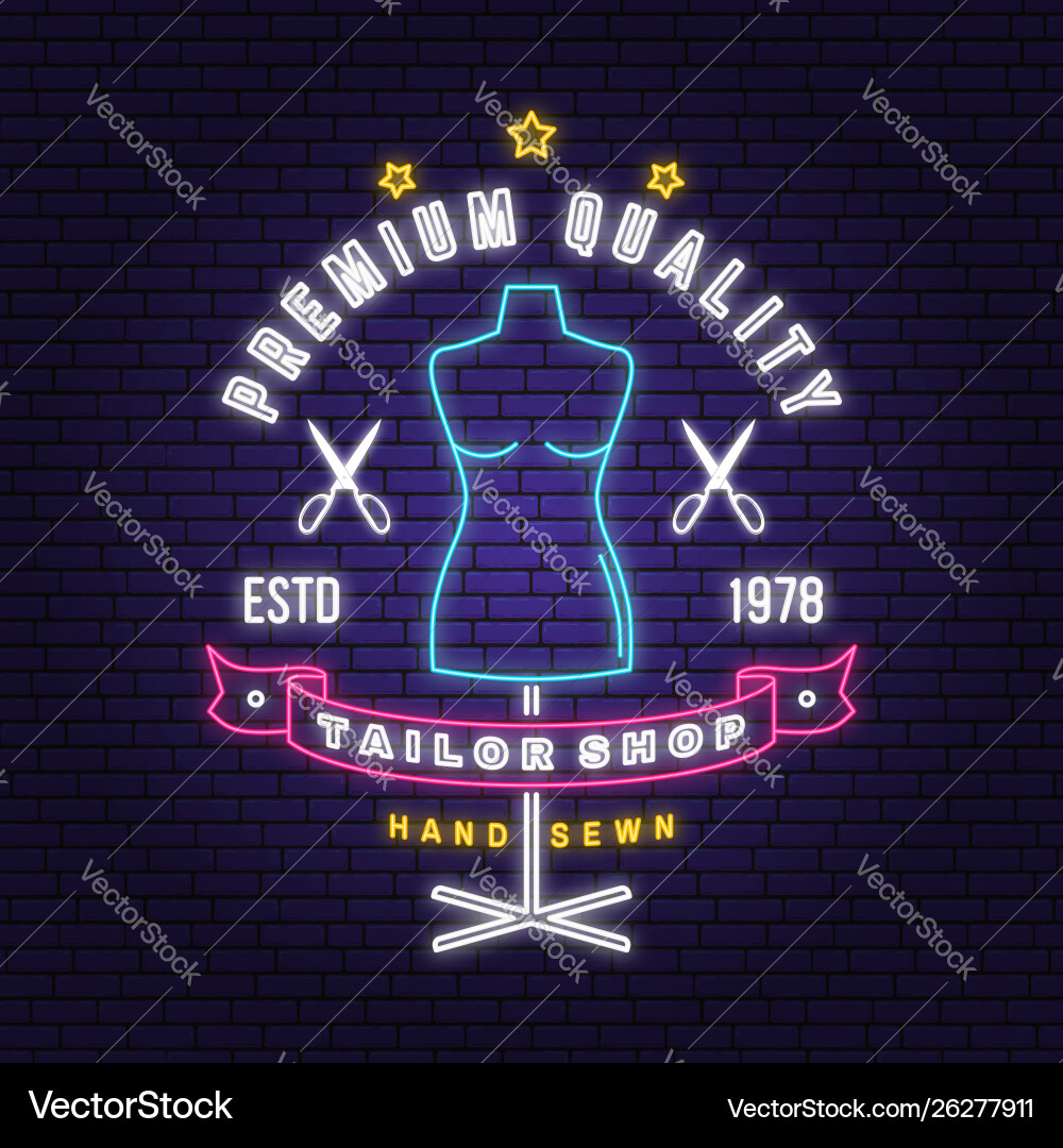 Tailor shop neon design or emblem night Royalty Free Vector