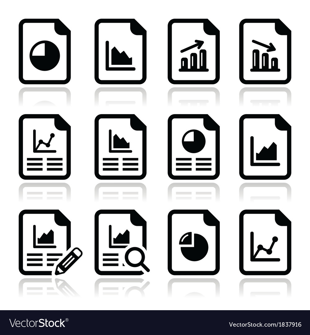 Document with pie chart graph icons set Royalty Free Vector