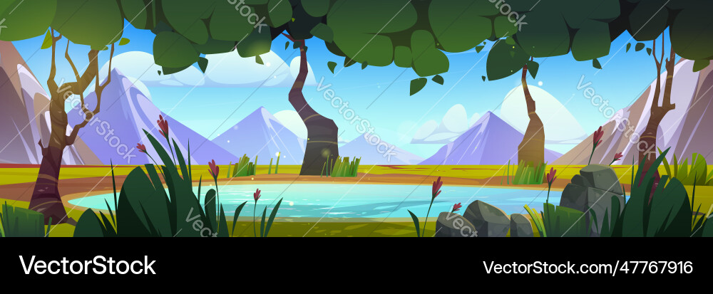 Lake in mountain forest landscape scene background