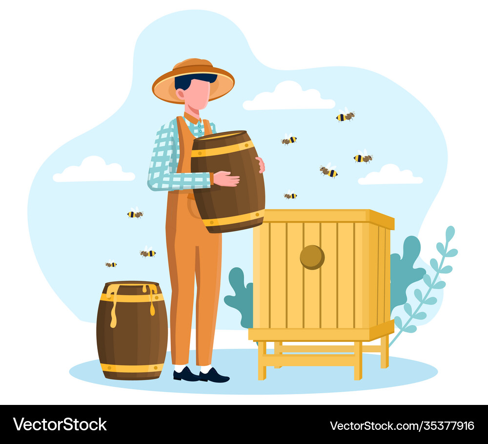 Male beekeeper at apiary holding barrel Royalty Free Vector