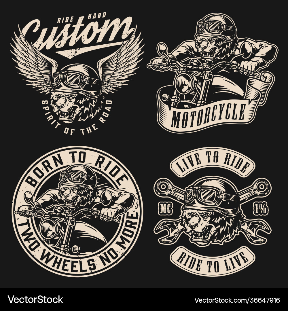 Vintage monochrome motorcycle prints set Vector Image