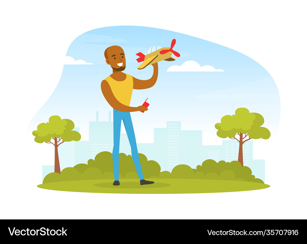Young man launching radio controlled airplane Vector Image