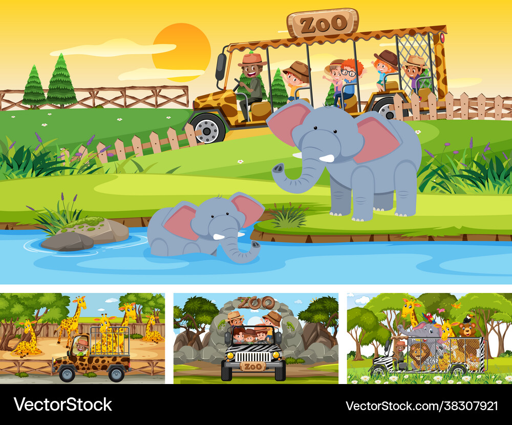 Four different zoo scenes with kids and animals Vector Image
