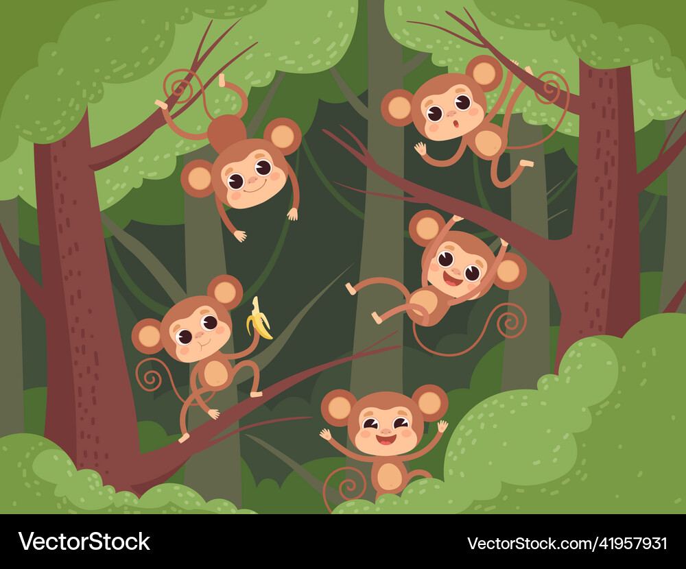 Monkey in jungle wild little animals playing Vector Image