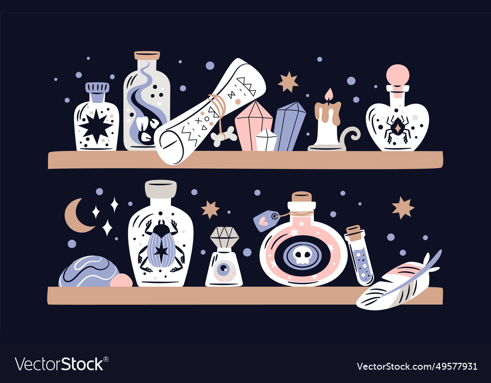 Potion bottles on shelf magic elixirs Royalty Free Vector Potion bottles on shelf magic elixirs Royalty Free Vector