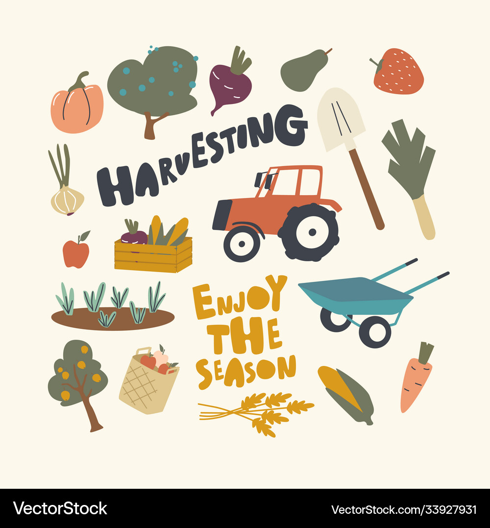 Set icons harvesting theme ripe fruit Royalty Free Vector