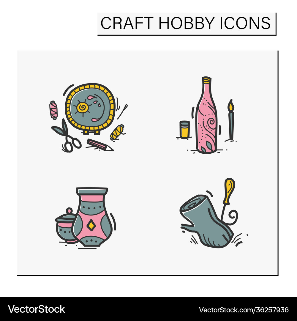 Craft hobby set hand drawn color icons Royalty Free Vector