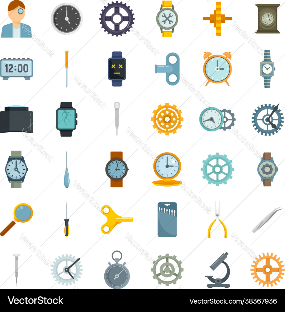 Watch repair icons set flat isolated Royalty Free Vector