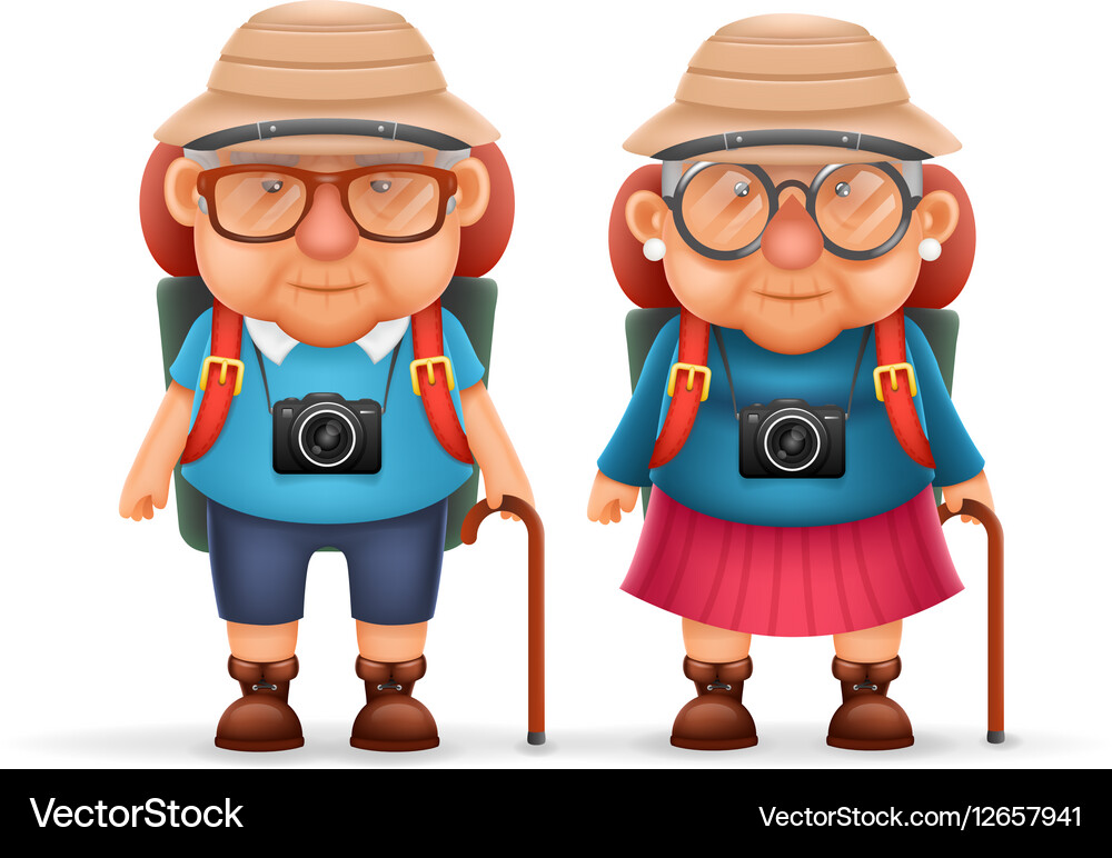 Old backpacker couple photo camera 3d travel Vector Image