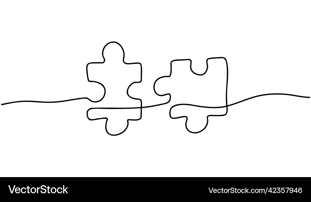 Continuous one line puzzle two pieces of jigsaw Vector Image