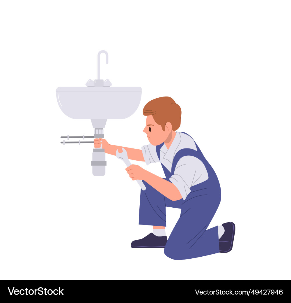 Handyman cartoon character fixing broken sink pipe