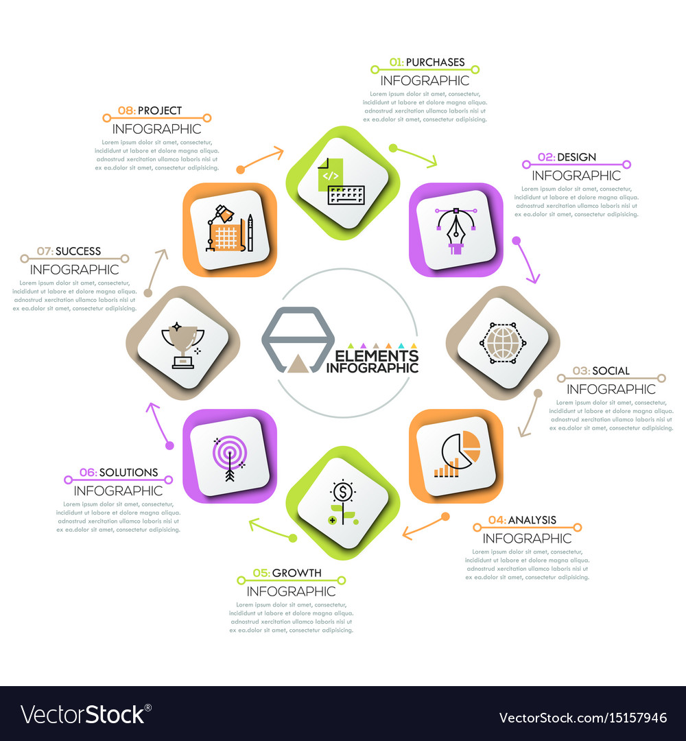 Round diagram 8 rectangular elements with icons Vector Image
