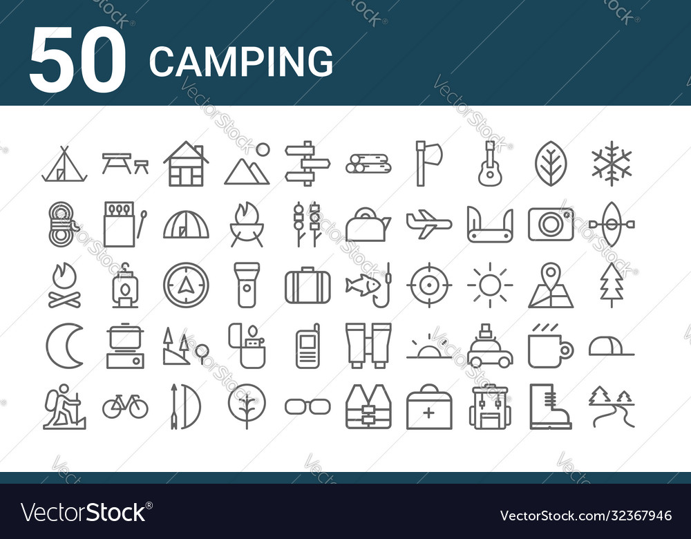 Set 50 camping icons outline thin line Royalty Free Vector