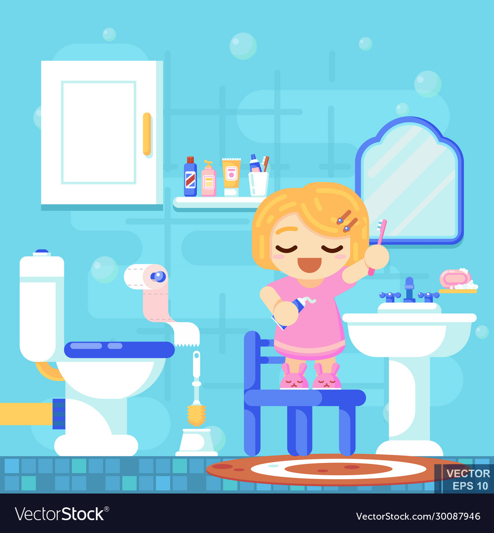 Smile Girl Brushing Teeth Shower In Bathroom Vector Image