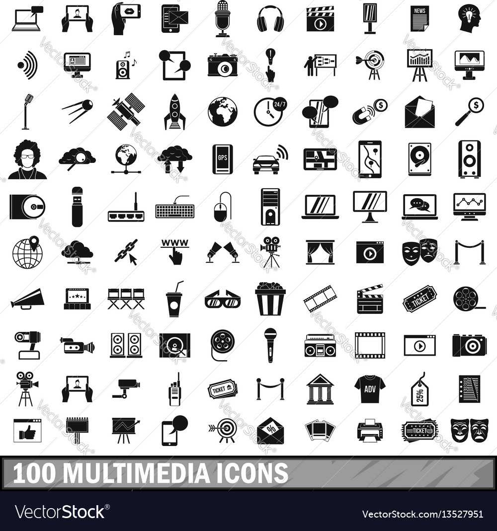 100 multimedia icons set in simple style Vector Image