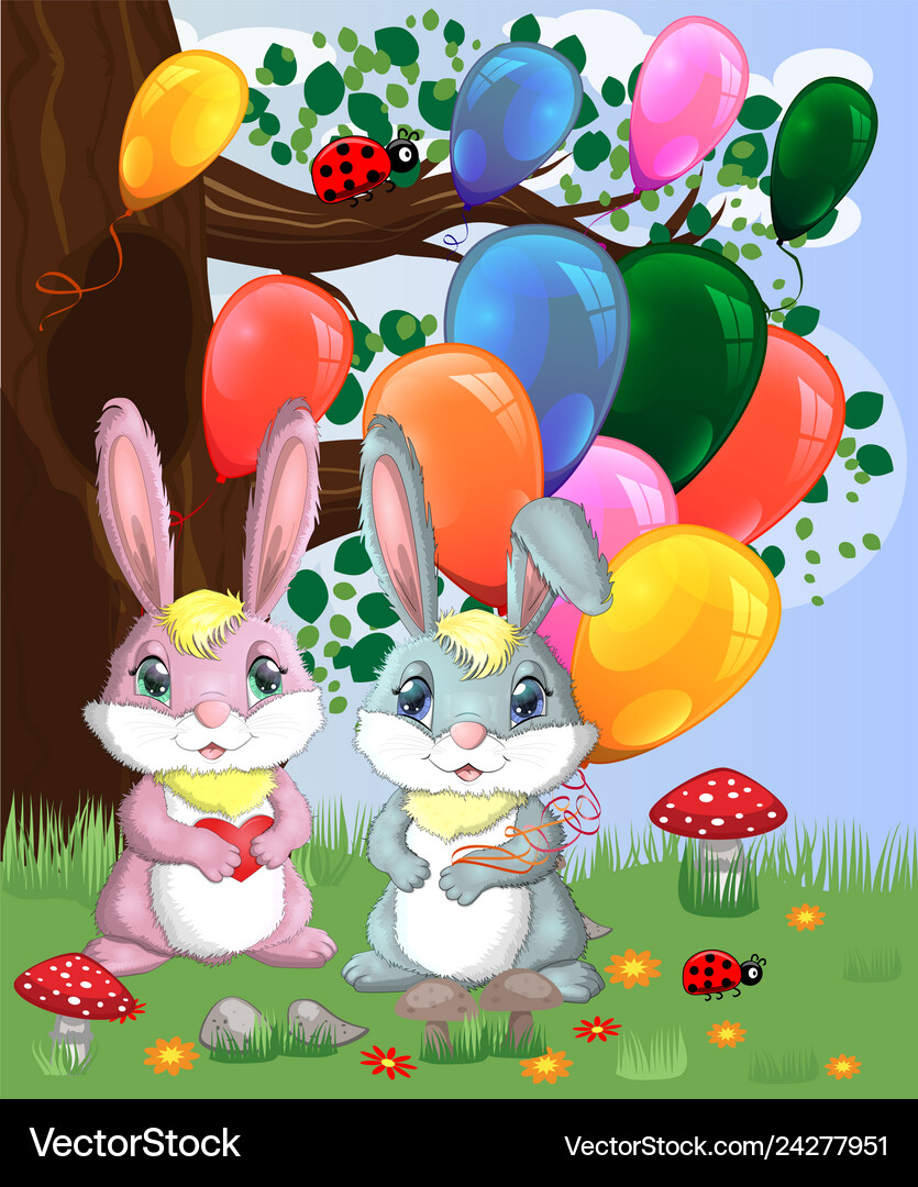 Two cute bunny with balls in a forest glade boy Vector Image