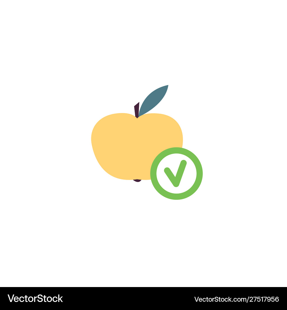 Fresh yellow apple with green check tick mark flat