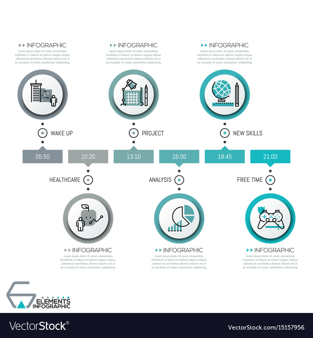 Horizontal timeline 6 round elements with thin Vector Image