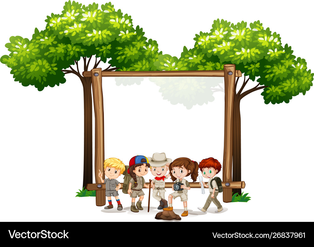 Blank sign template with kids and trees Royalty Free Vector