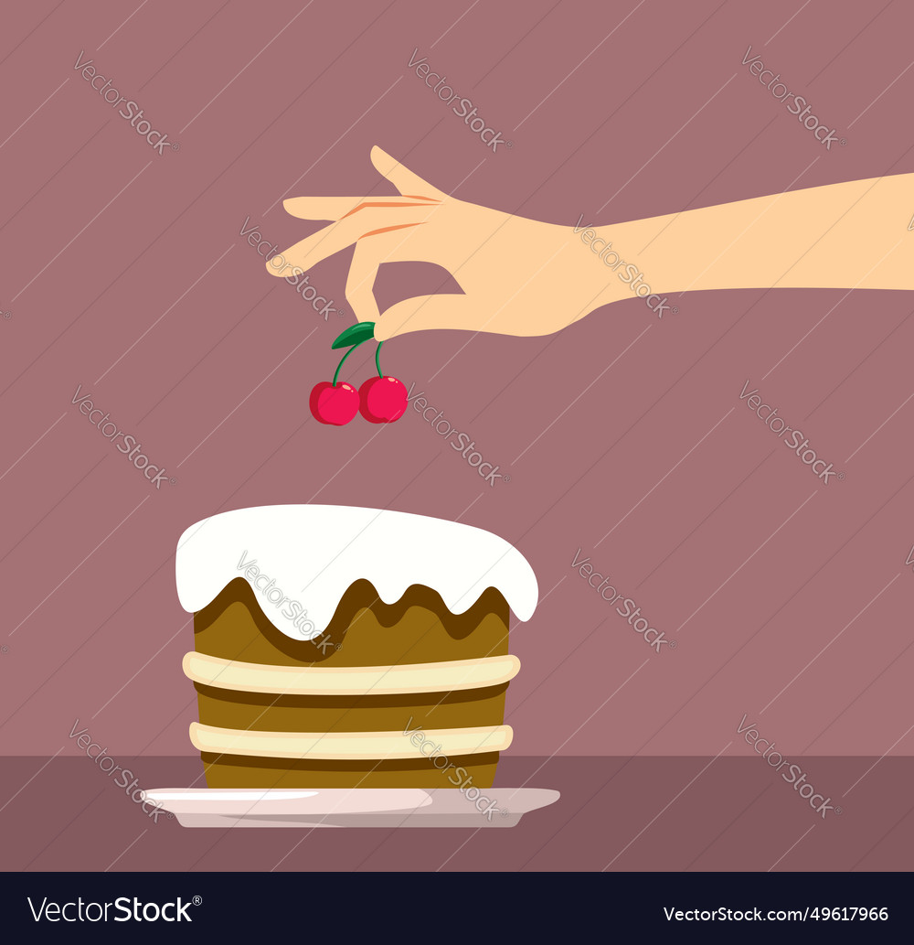Hand putting the cherry on top of a cake Vector Image