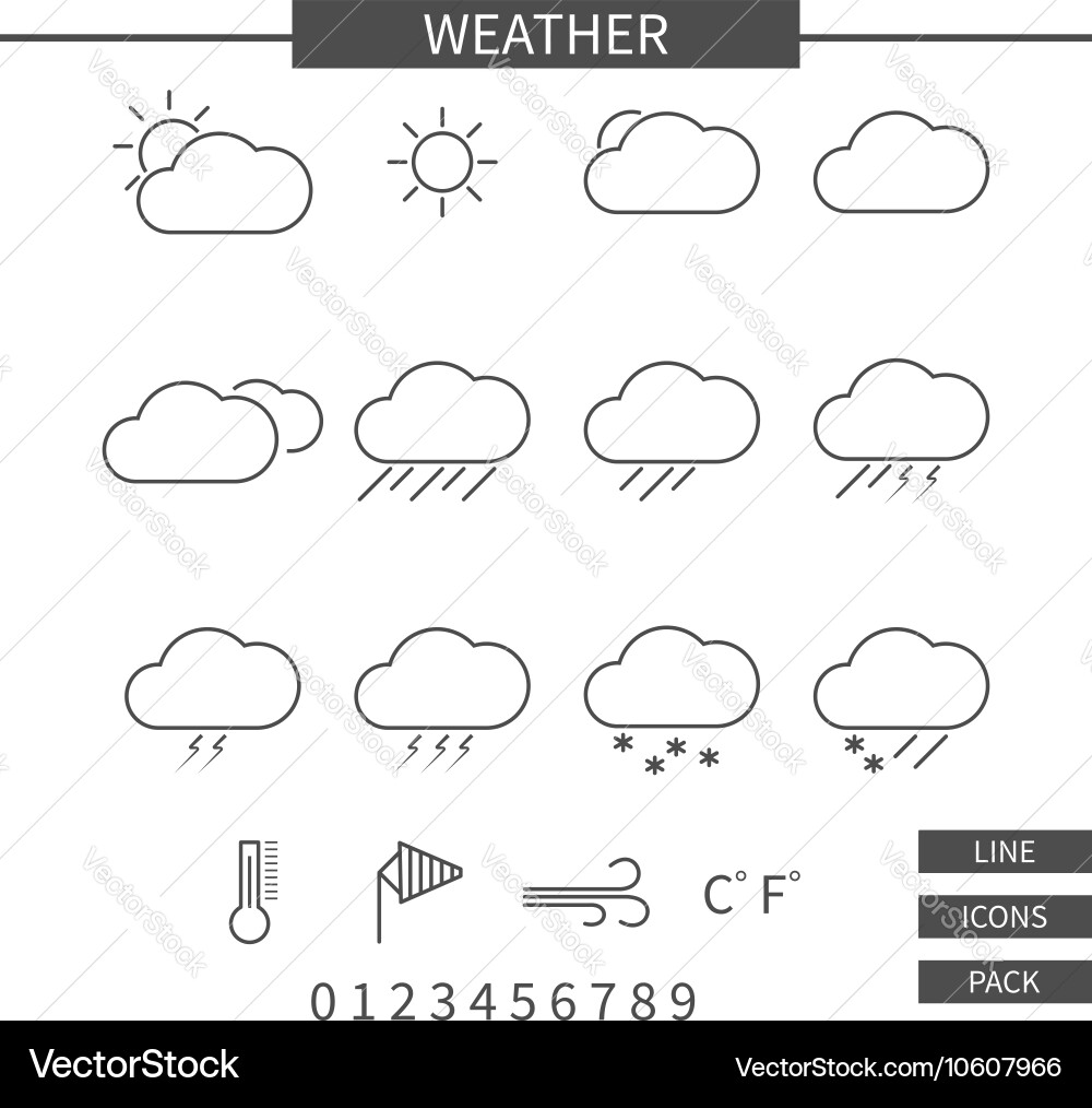 Weather line icons set monochrome thin Royalty Free Vector