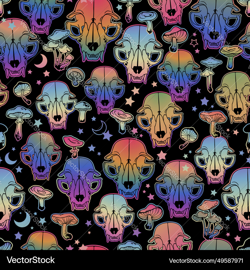 Multi-colored animal skulls and mushrooms Vector Image
