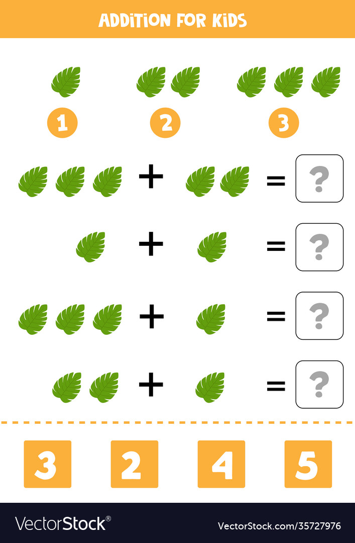 Addition game with cartoon tropical leaf math Vector Image