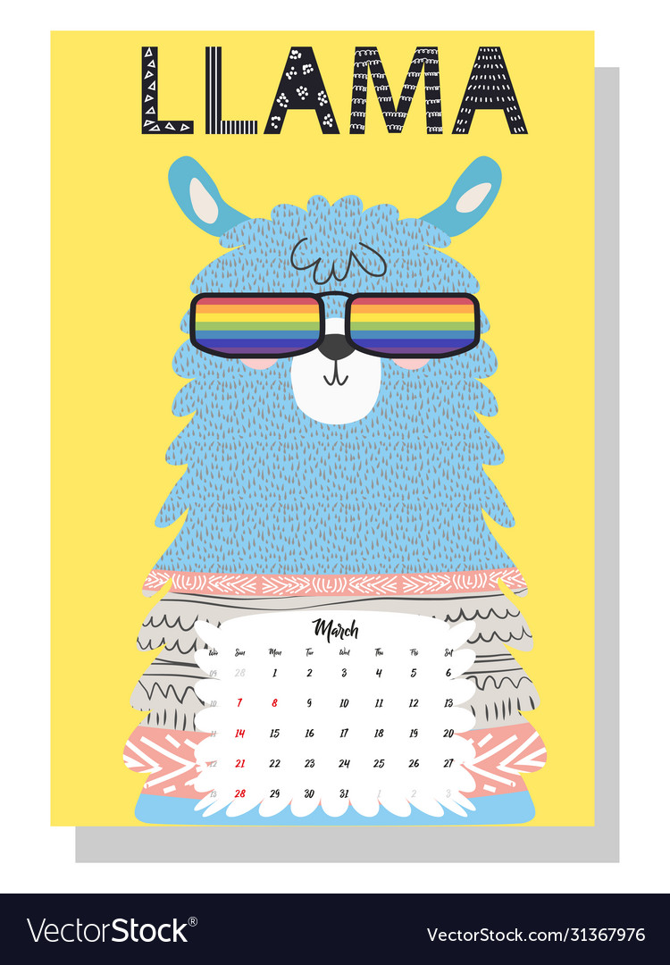 Cute monthly calendar 2021 with a llama cactus Vector Image