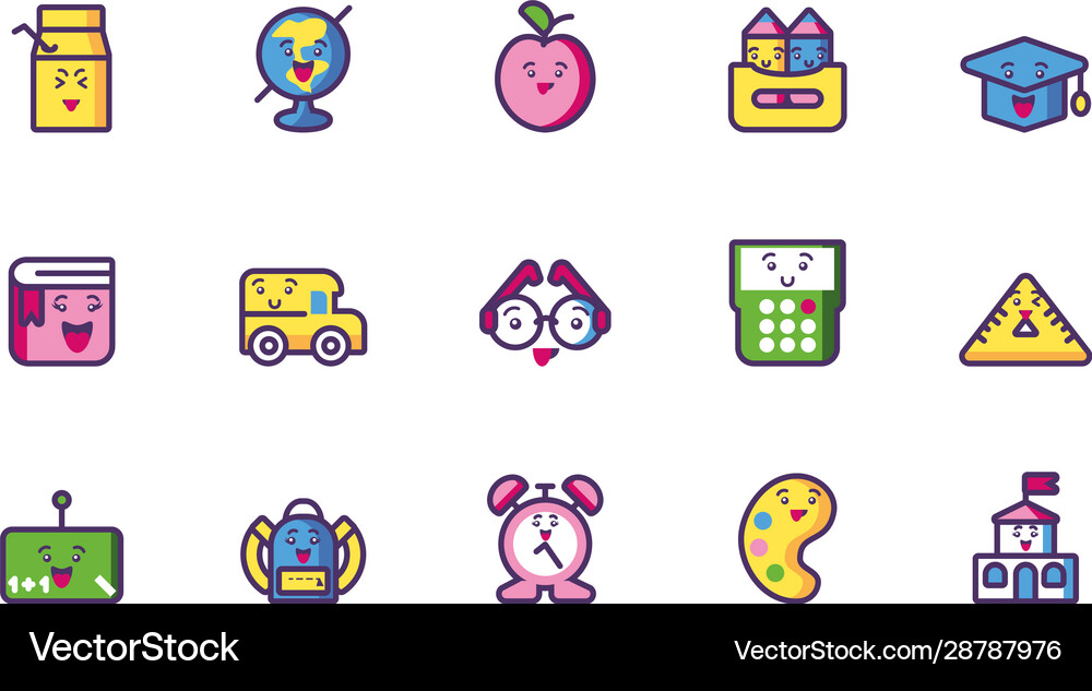 Kawaii school icon set cartoons design Royalty Free Vector