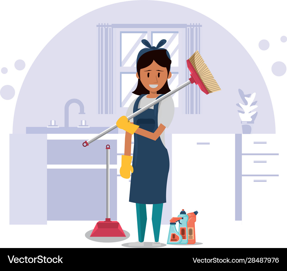 Woman worker housekepping with broom Royalty Free Vector