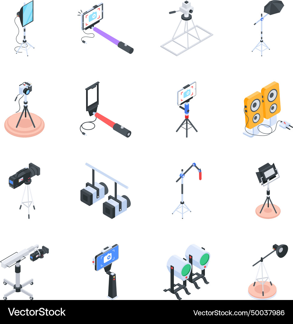 Modern isometric icons depicting videography acces