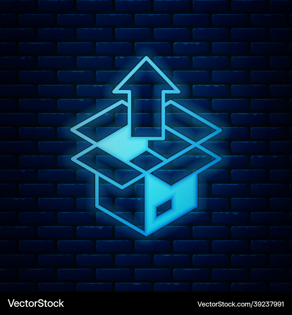 Glowing neon unboxing icon isolated on brick wall Vector Image